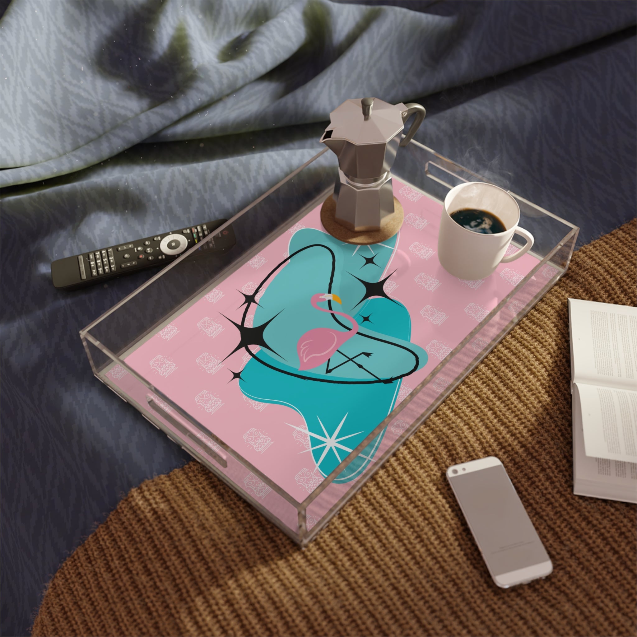 Pink Flamingo, Retro Tiki Pink, Aqua Blue Ottomon Acrylic Serving Tray ...