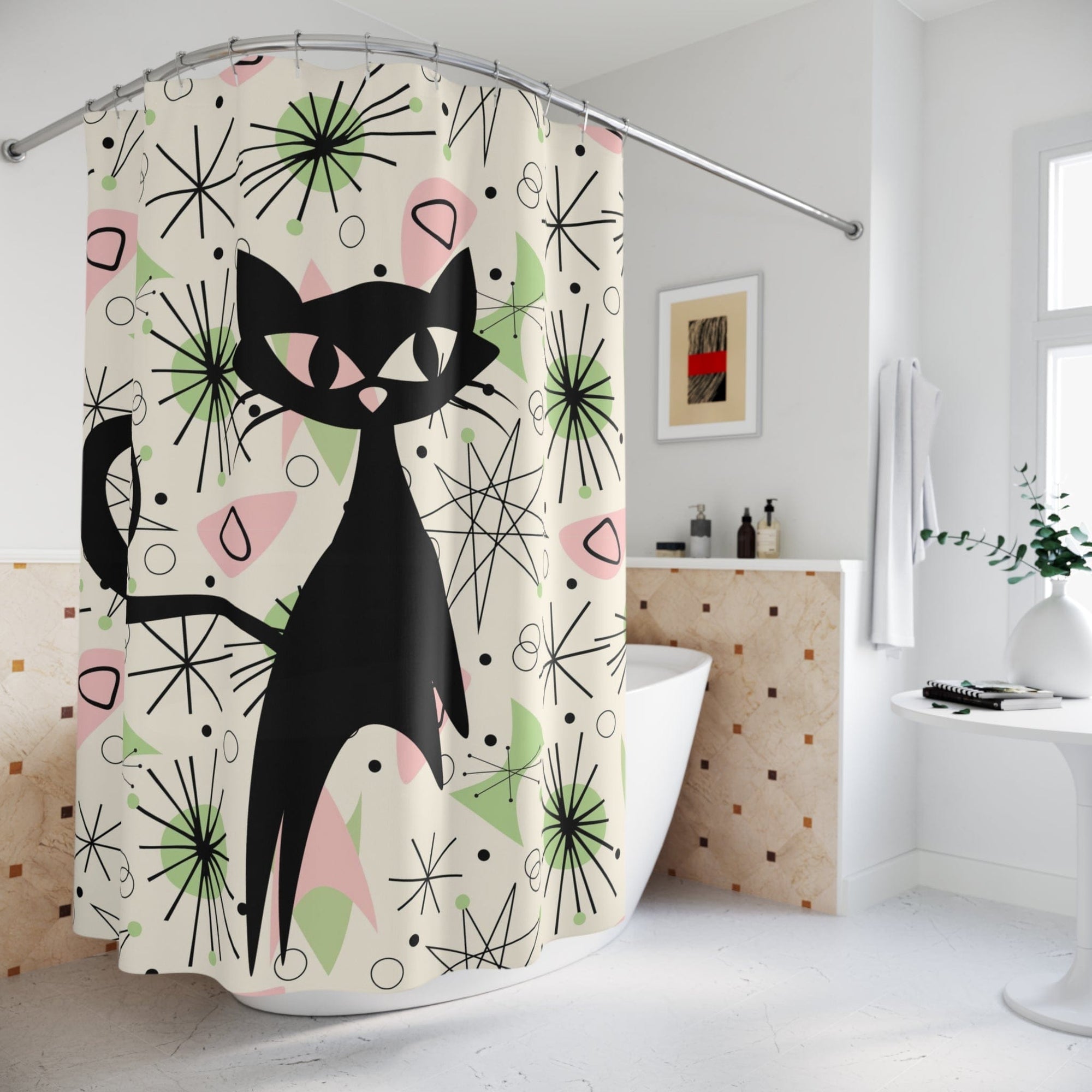 Atomic Cat, Sky Rocket Space Cat, Up Up And Away, Atomic Starburst, Mid Century Modern Shower ...