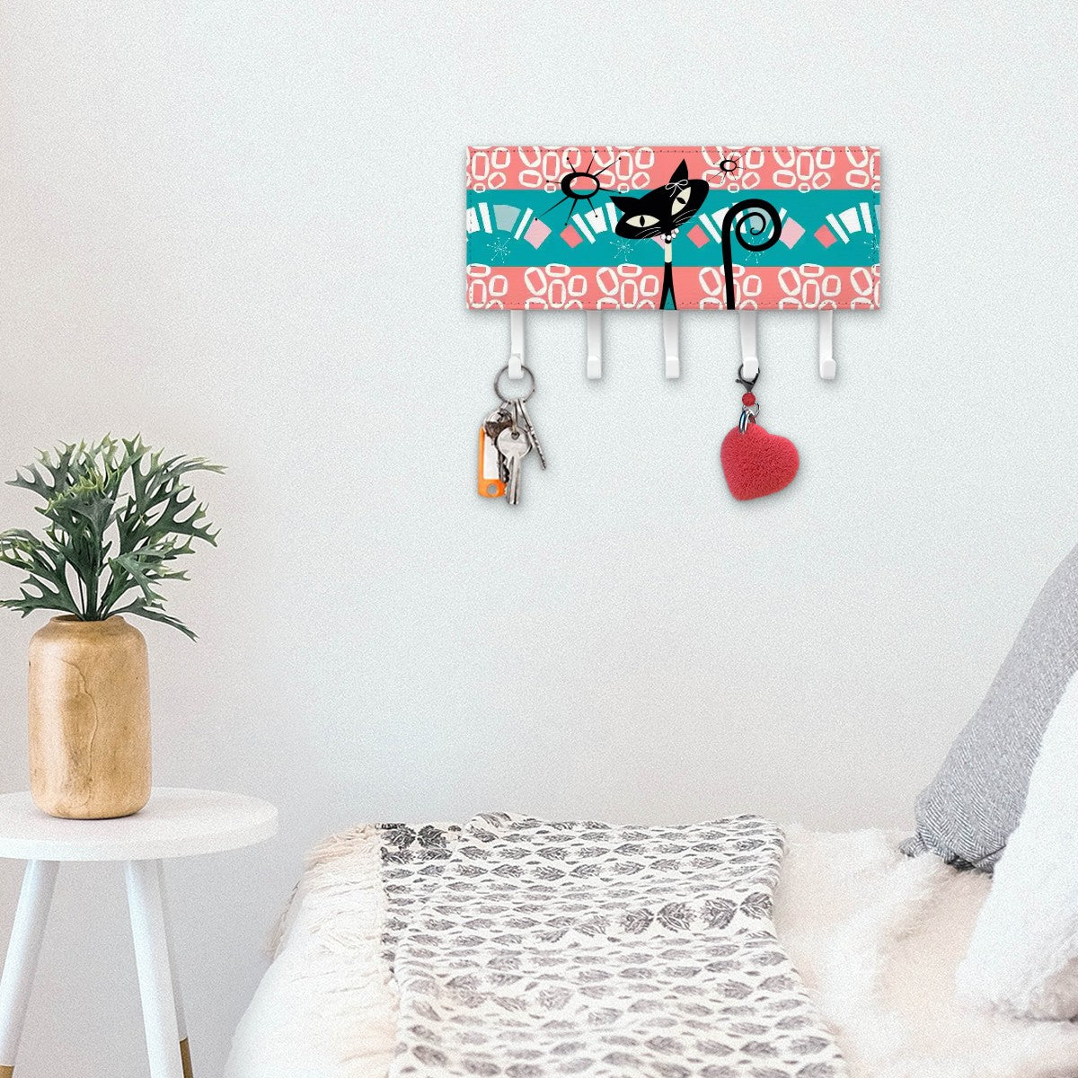 Mid Century Modern Atomic Kitschy Cat, Coral Teal Key Holder Wall Mount ...