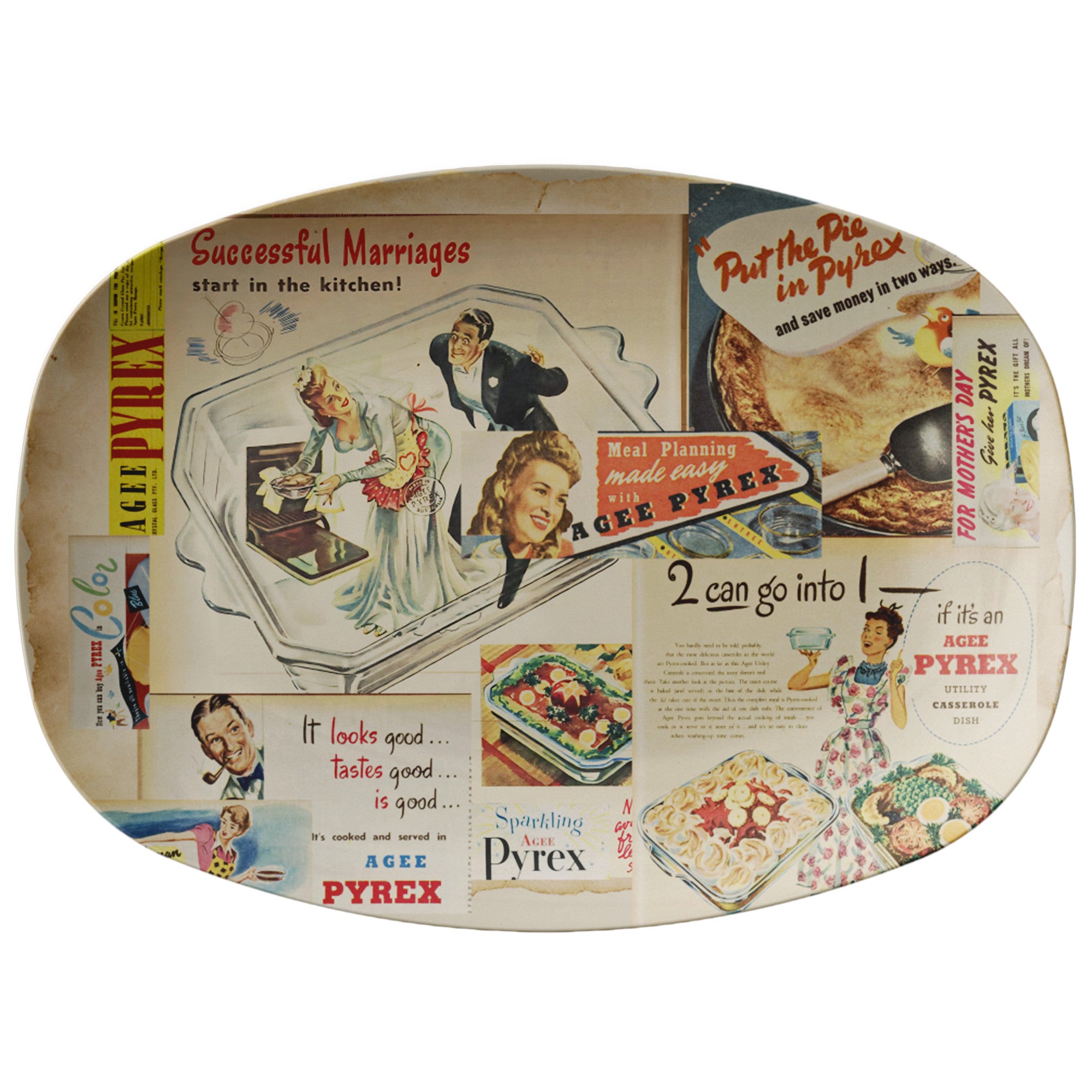 Vintage Pyrex Ads Party Platter, 50s Vintage Ads, Kitschy Funny Pyrex ...