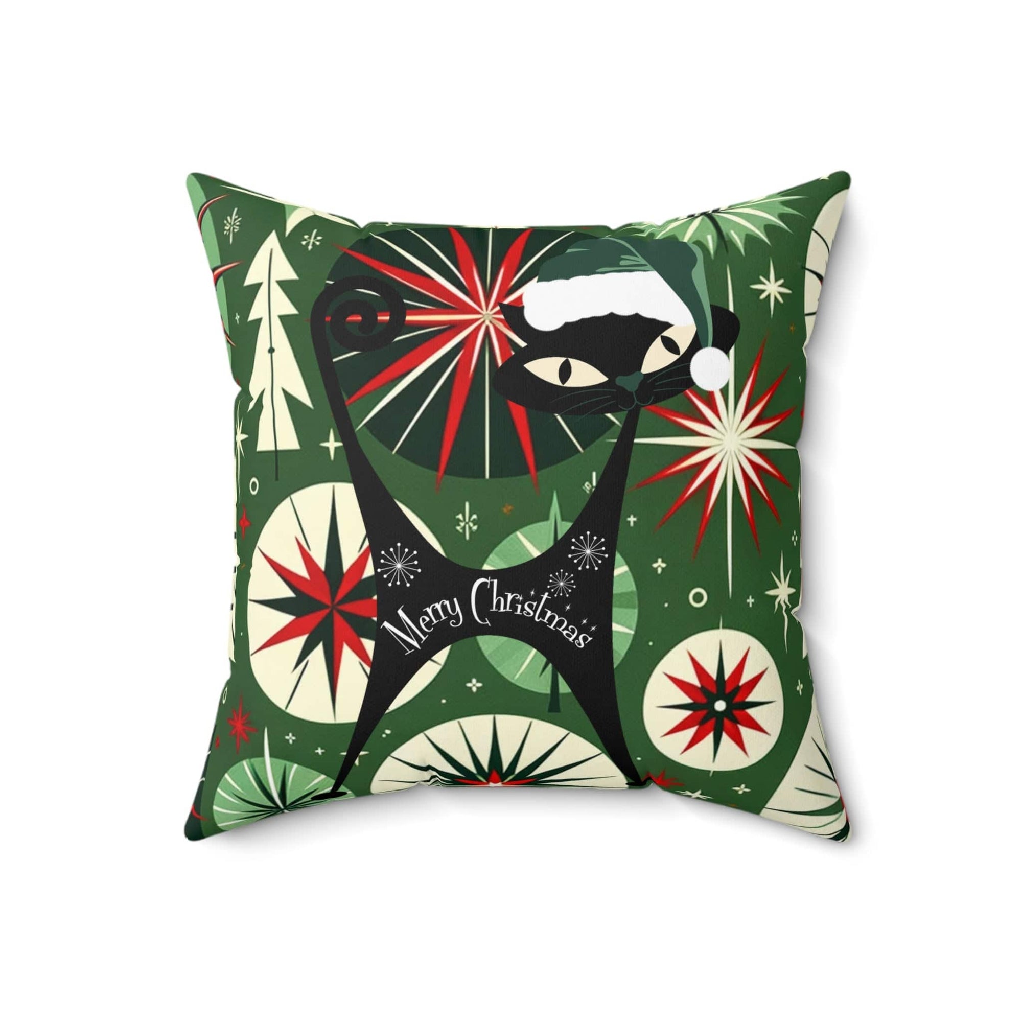 Mid Century Modern Christmas Pillow, Atomic Cat, Starbursts, Sputnik ...