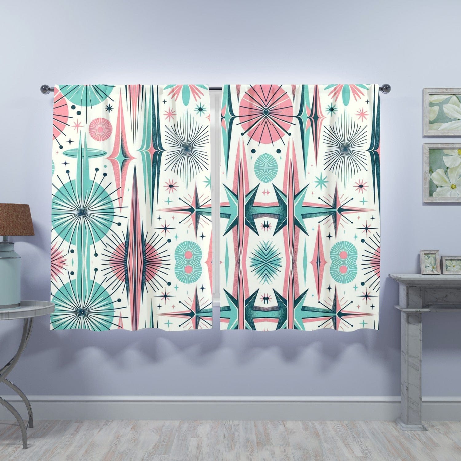 Mid Century Modern Window Curtains, Atomic 50's Pink, Aqua Starbursts ...