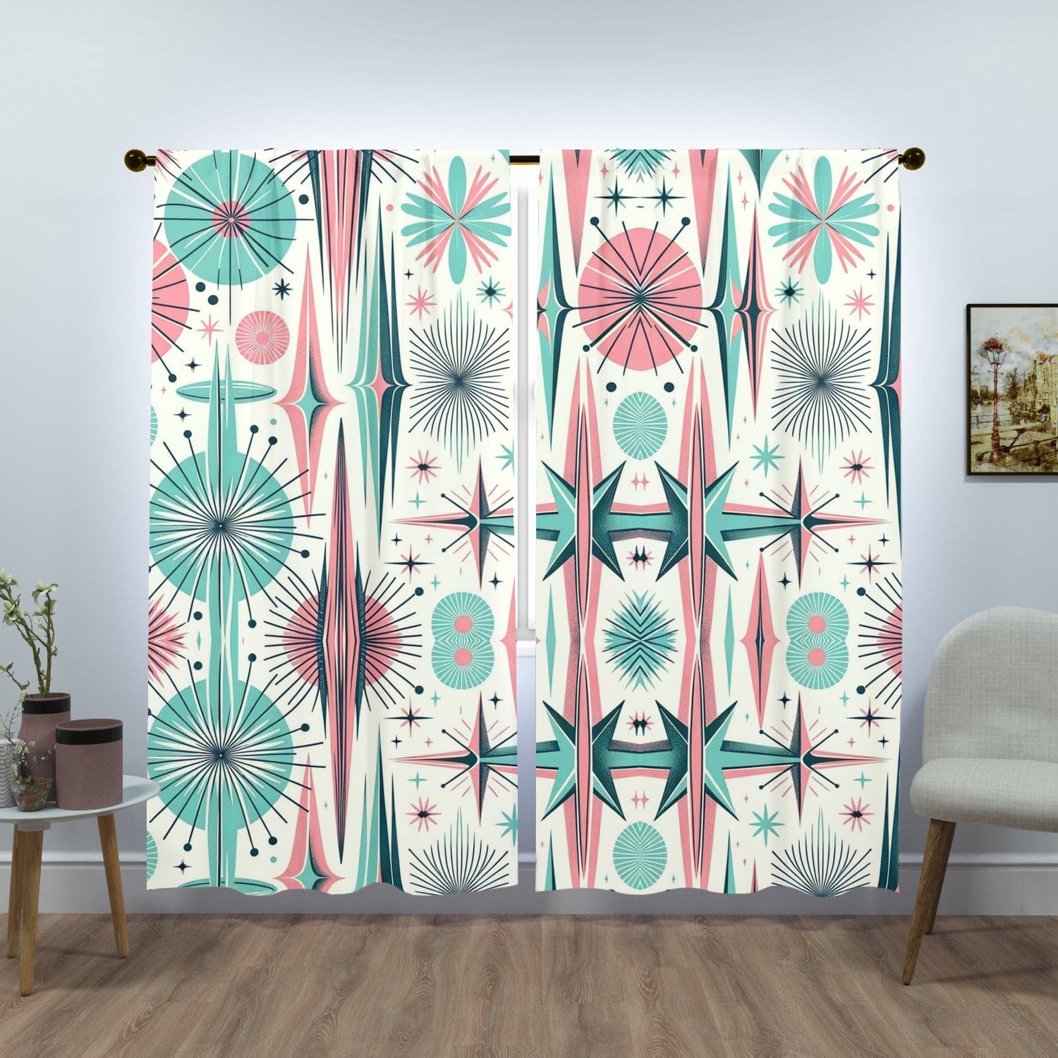 Mid Century Modern Window Curtains, Atomic 50's Pink, Aqua Starbursts ...
