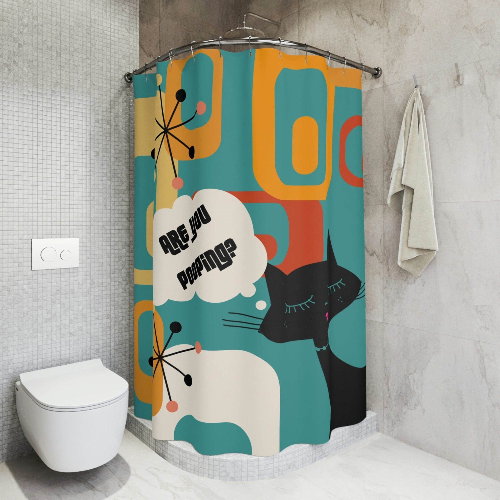Atomic Cat, Funny Bathroom Cat Art, Are You Pooping Shower Curtain, Mid Century Modern Teal ...