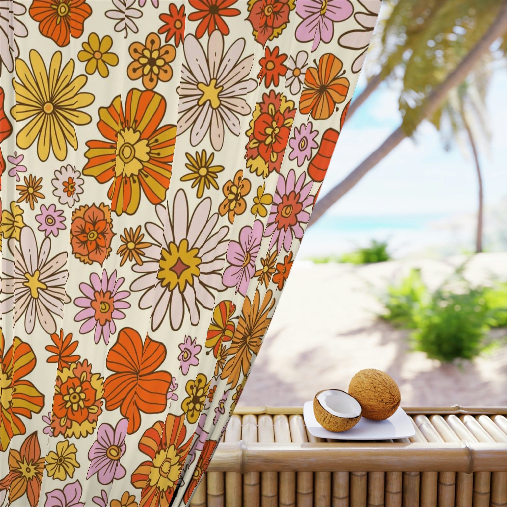 70's Vintage Style Curtains, Floral, Orange, Yellow, Pink, Retro, Mod ...