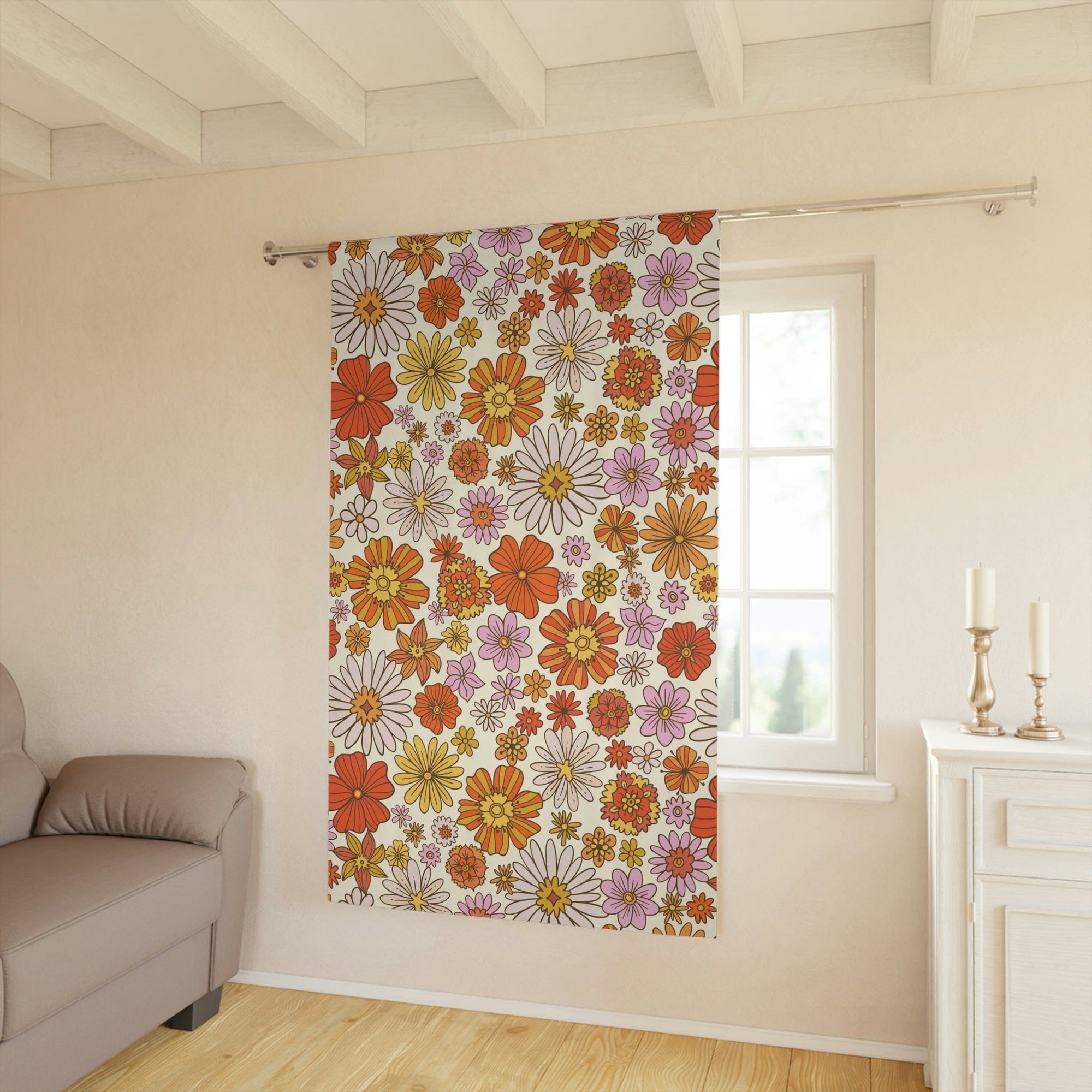 70's Vintage Style Curtains, Floral, Orange, Yellow, Pink, Retro, Mod ...