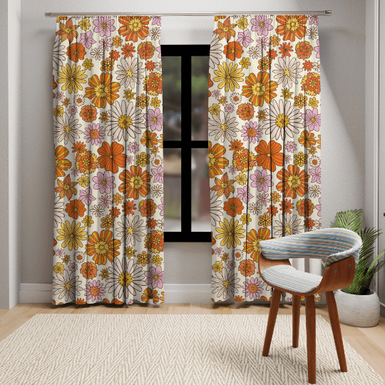 70's Vintage Style Curtains, Floral, Orange, Yellow, Pink, Retro, Mod ...