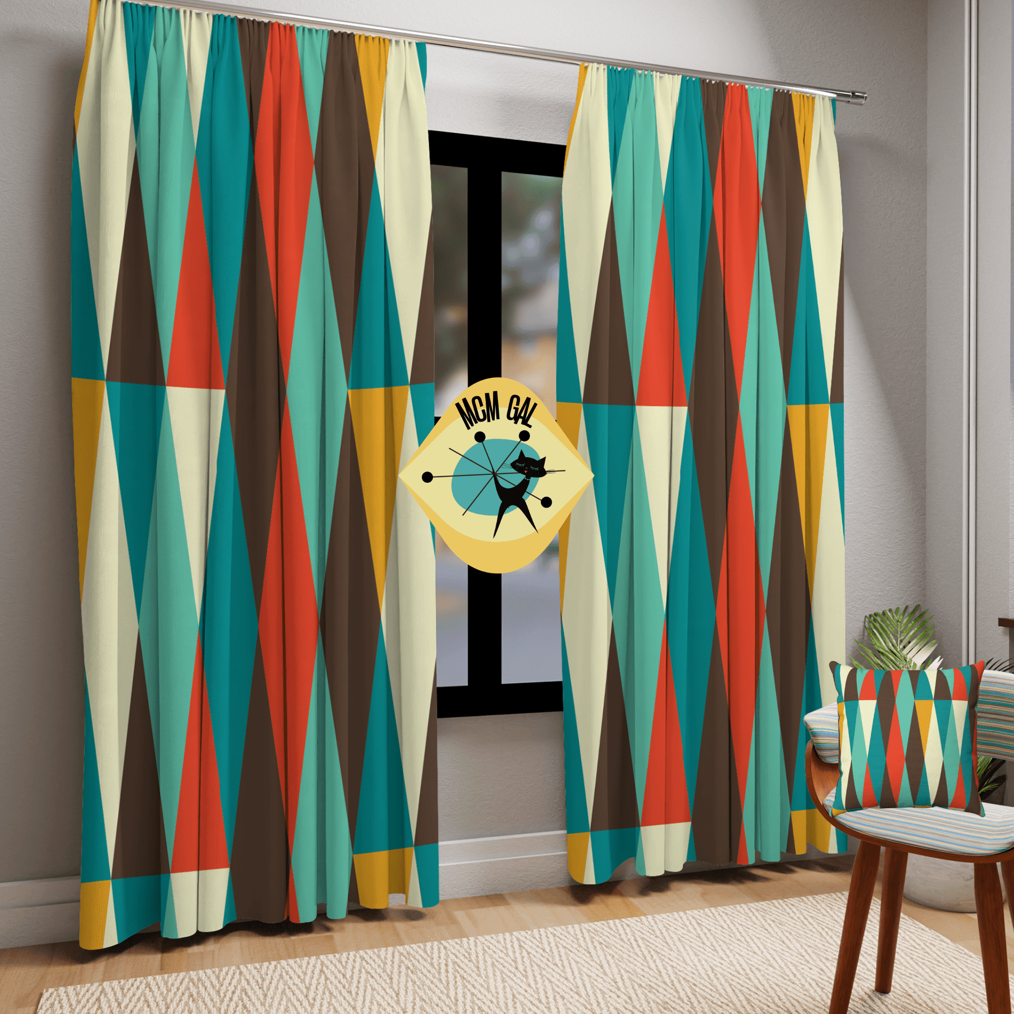 Mid Century Modern, Geometric, Retro, Mod, Teal Blue, Mustard Yellow, Chocolate Brown, Burnt ...