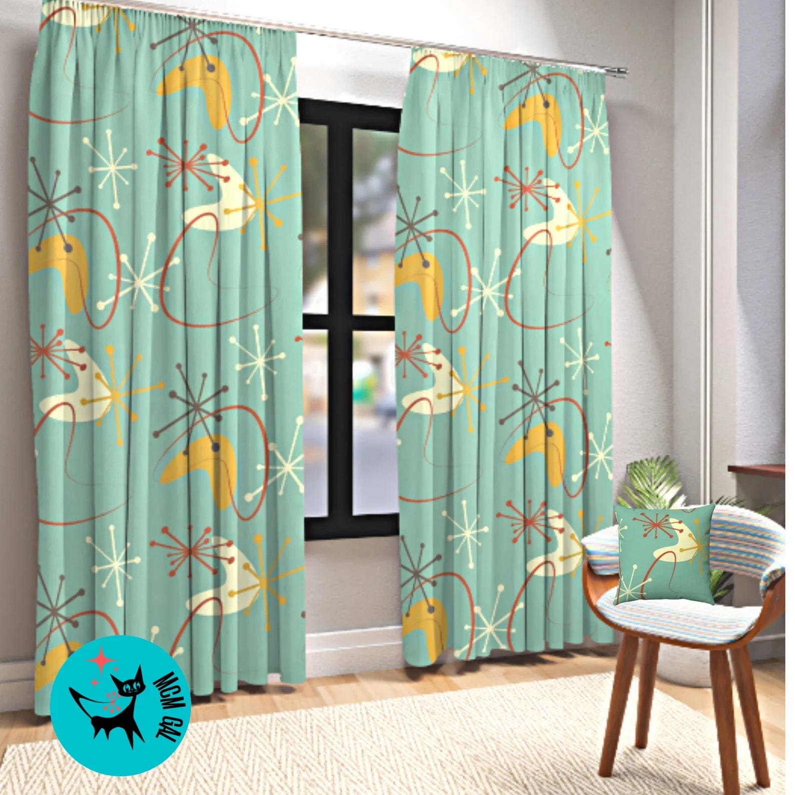 Mid Century Modern, Retro Atomic, Boomerang Green, Mid Mod Curtain ...